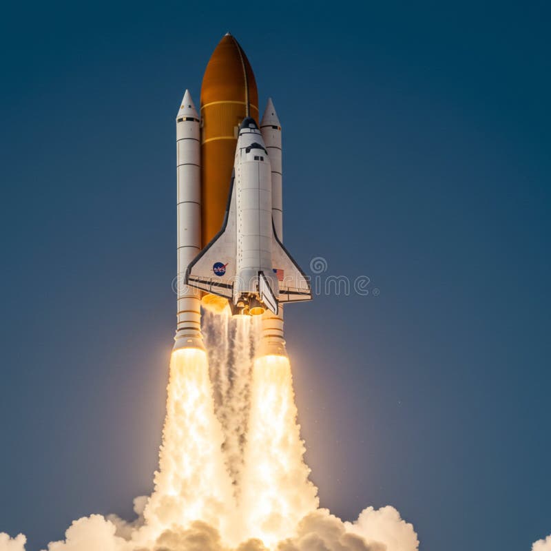The Image Features a Space Shuttle Launching into a Clear Sky. the ...