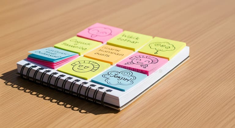 Colorful Sticky Notes with Drawings on a Spiral Notebook on Wood Stock ...