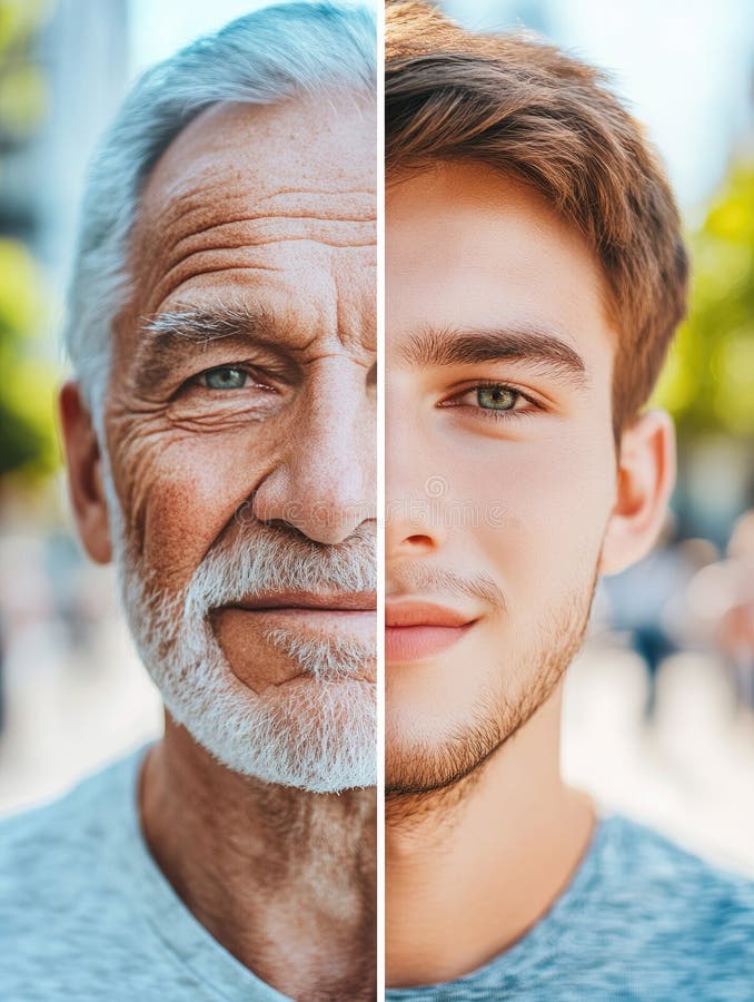 Generational Contrast in a Professional Split Portrait Showcasing Youth ...