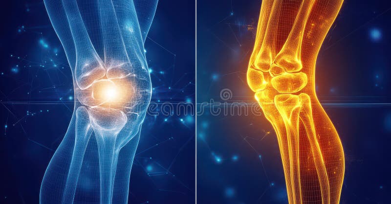 Split-screen Image Showing Healthy Knee Joint Anatomy and Indication of ...