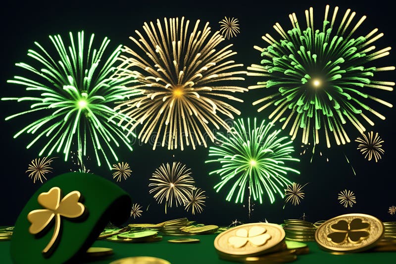 St Patricks Day Celebration with Green and Gold Fireworks Shamrocks and ...