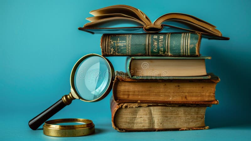 Stack of Antique Books with Magnifying Glass, Generative AI Stock Image ...