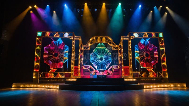 Stage with Three Vibrant Screens Displaying Intricate, Colorful ...