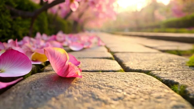 Stone Path with Fallen Pink Petals Leading To Blurred Blossoms and ...
