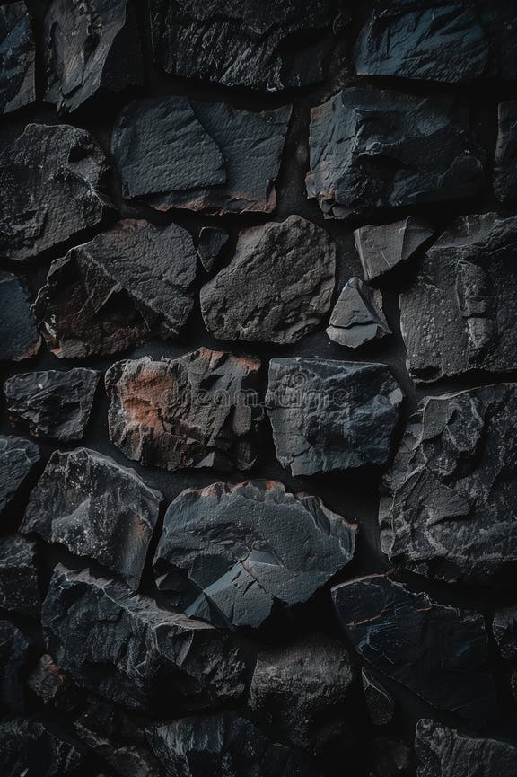 A Dark Stone Wall Built of Irregular Blocks Creates a Rugged and ...