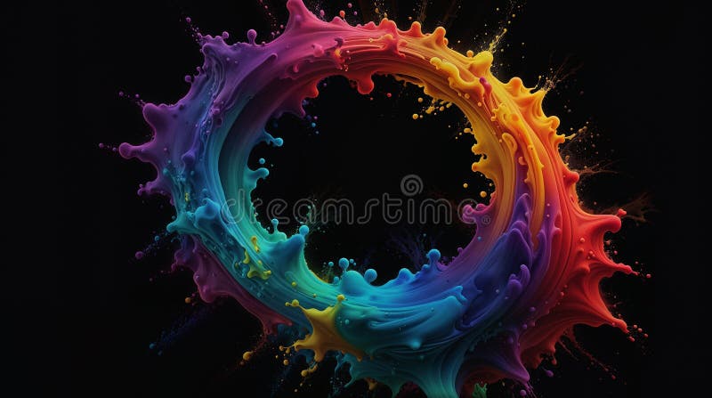 Colorful Liquid Motion Circle with Flowing Paint Drops on Black ...