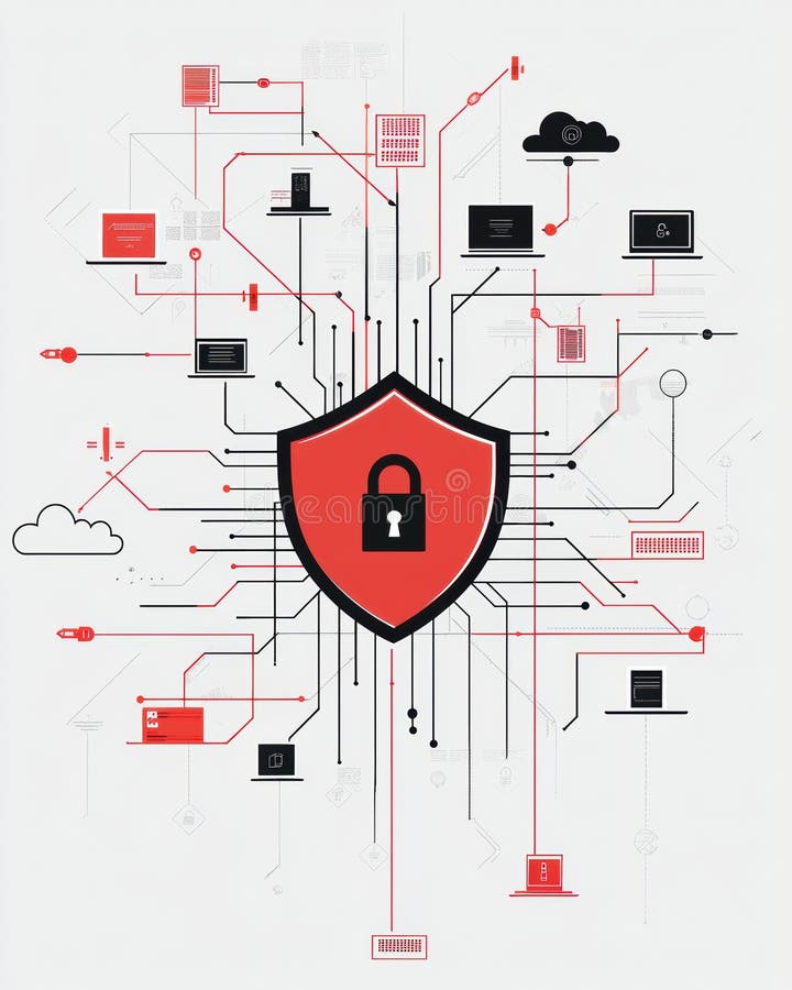 A Comprehensive Overview of Cybersecurity with a Red Shield Symbolizing Data Protection and ...