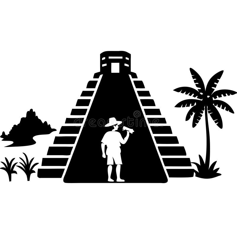 Ancient Mayan Pyramid Silhouette with Explorer and Tropical Scene ...