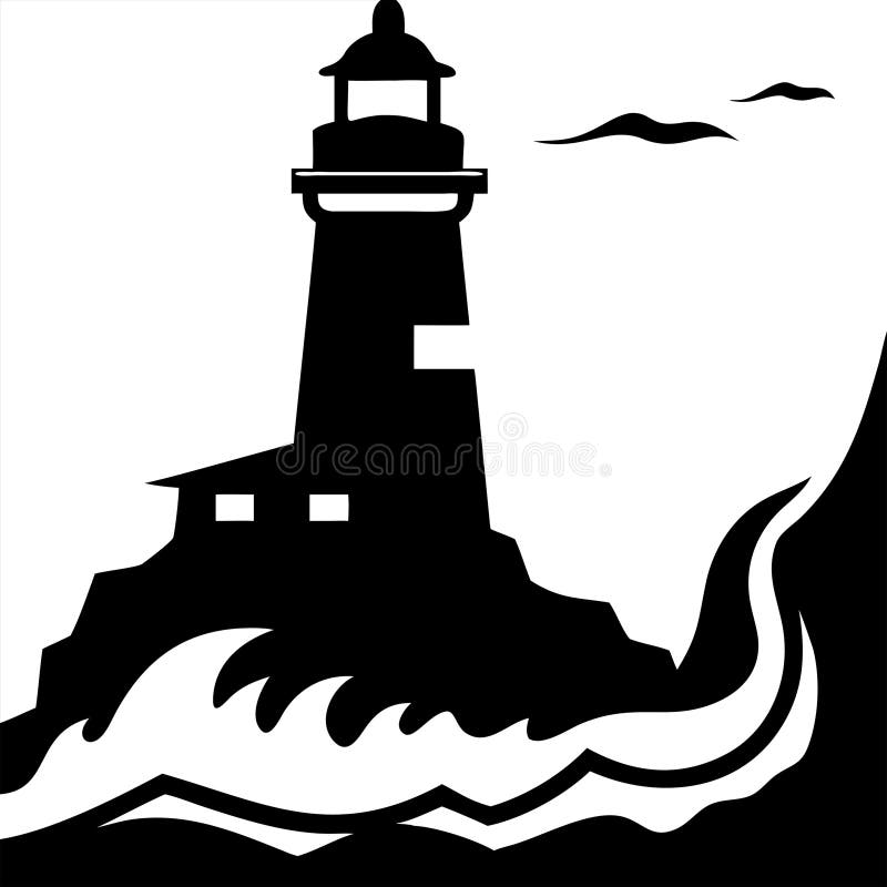 Lighthouse Beacon Silhouette with Waves and Birds Vector Art for ...