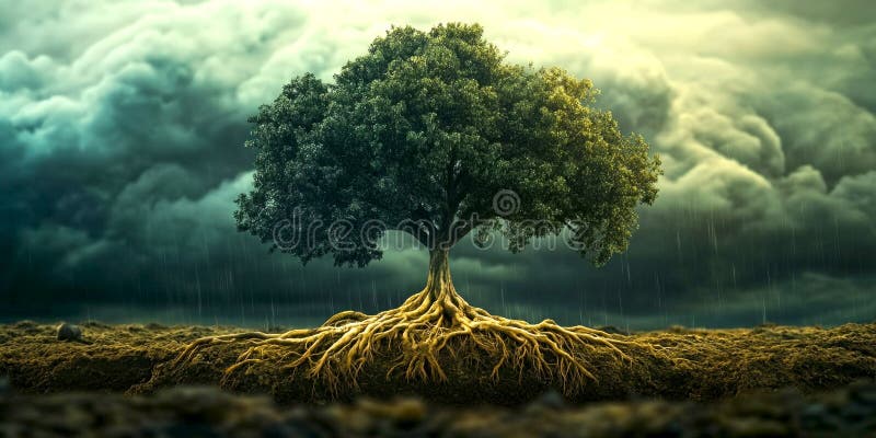 A Majestic Tree Stands Strong Against Stormy Skies. the Deep Roots ...
