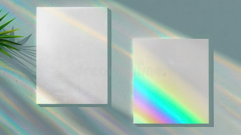 Rainbow Light Refraction Poster and Business Card Mockups on Mint Blue ...