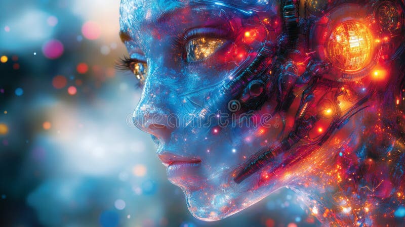 A Futuristic Portrait Showcasing a Vibrant, Cosmic Face with Intricate ...
