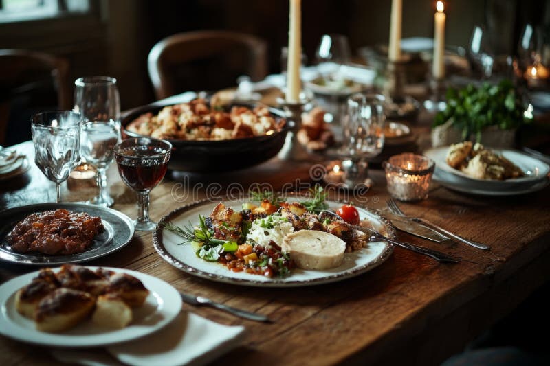 A Beautifully Set Dining Table Showcasing a Feast with Delicious Food ...