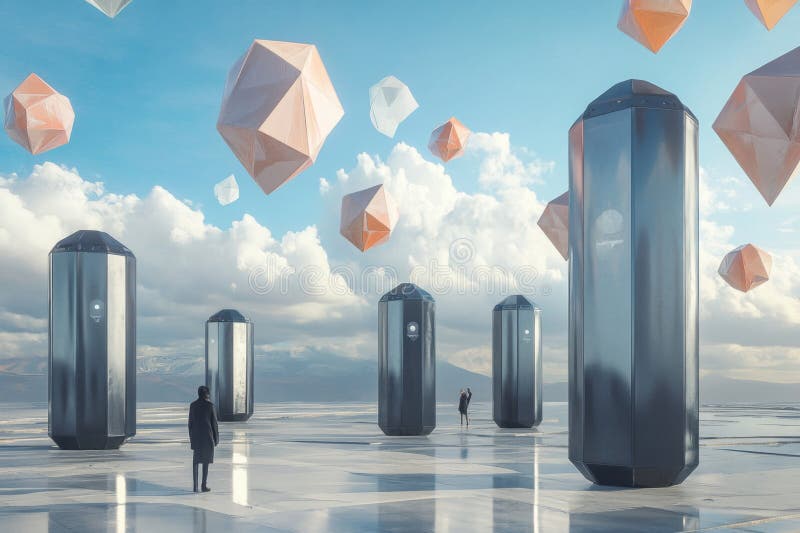 A Surreal Landscape with Large Crystal-like Structures. Clouds Drift ...