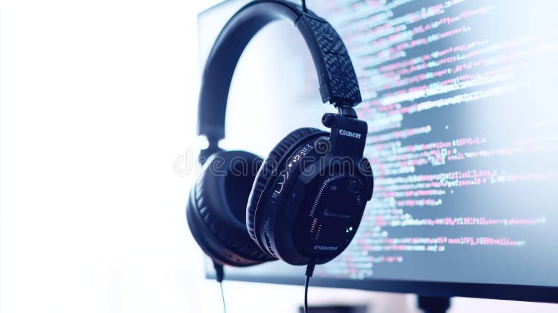 A Pair of Sleek Headphones Hanging on a Computer Monitor. this Image ...