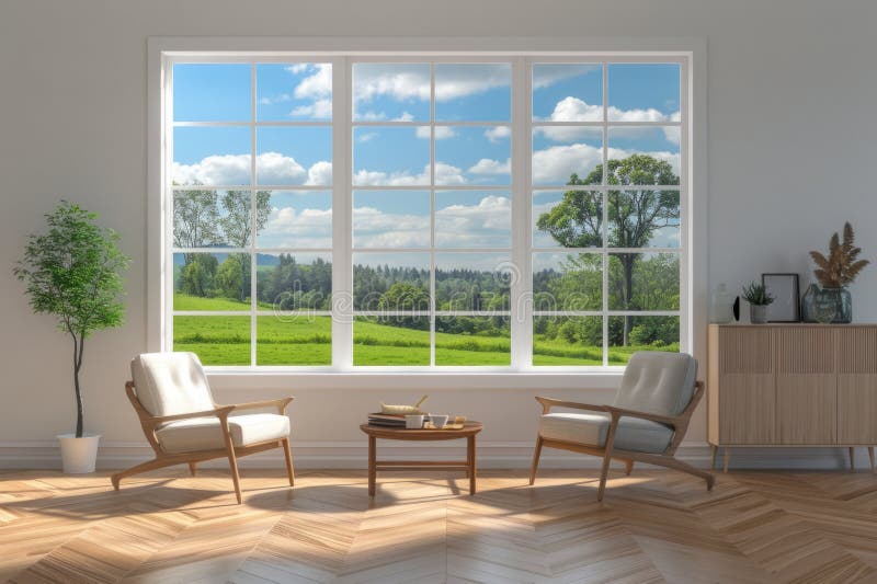 A Cozy Living Room with Large Windows Reveals a Stunning Landscape of ...