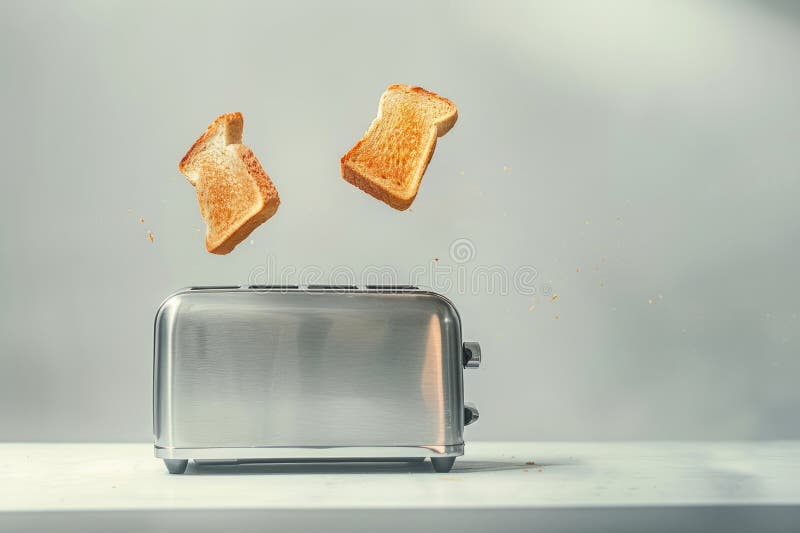 A Sleek Modern Toaster with Golden Brown Bread Slices Flying Out. this ...