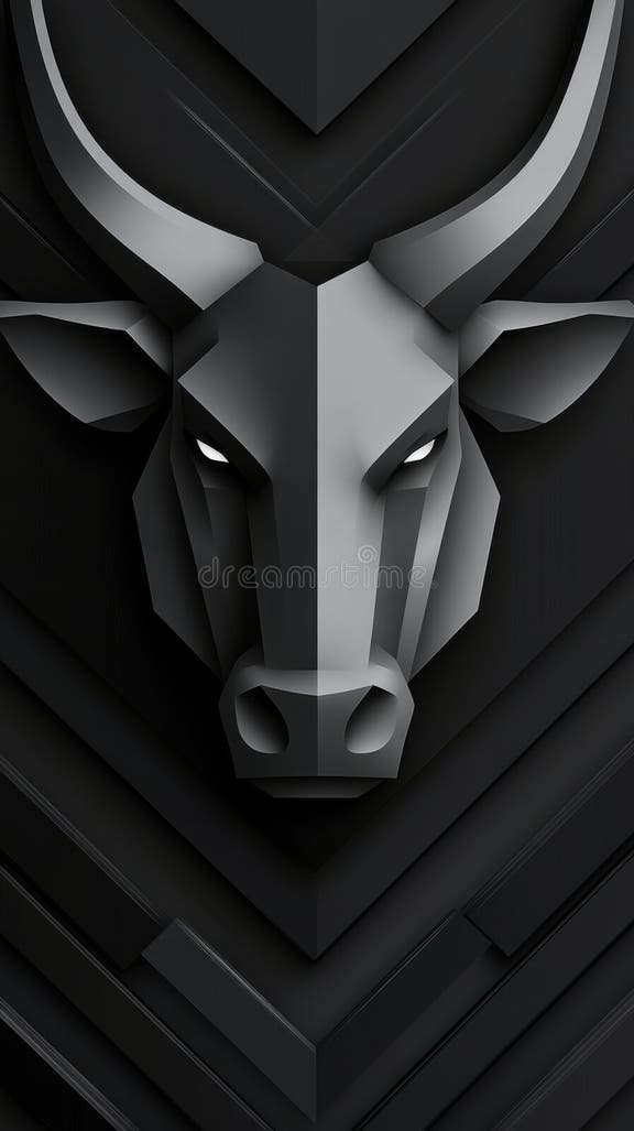 Stylized Geometric Bull Head in Grayscale with Sharp Angles and Intense ...