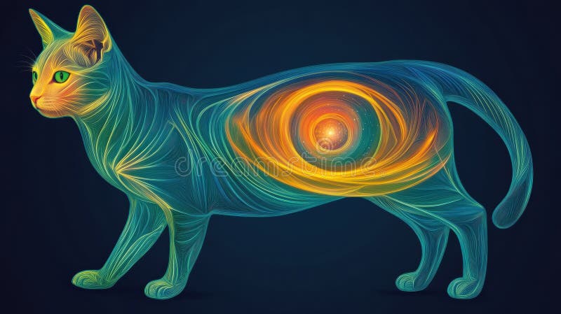 A Cat with a Cosmic Swirl Design on Its Body, Glowing with Vibrant ...