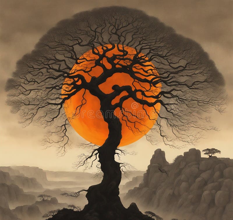 The Image Features a Stylized Image of a Tree Against a Large, Bright ...