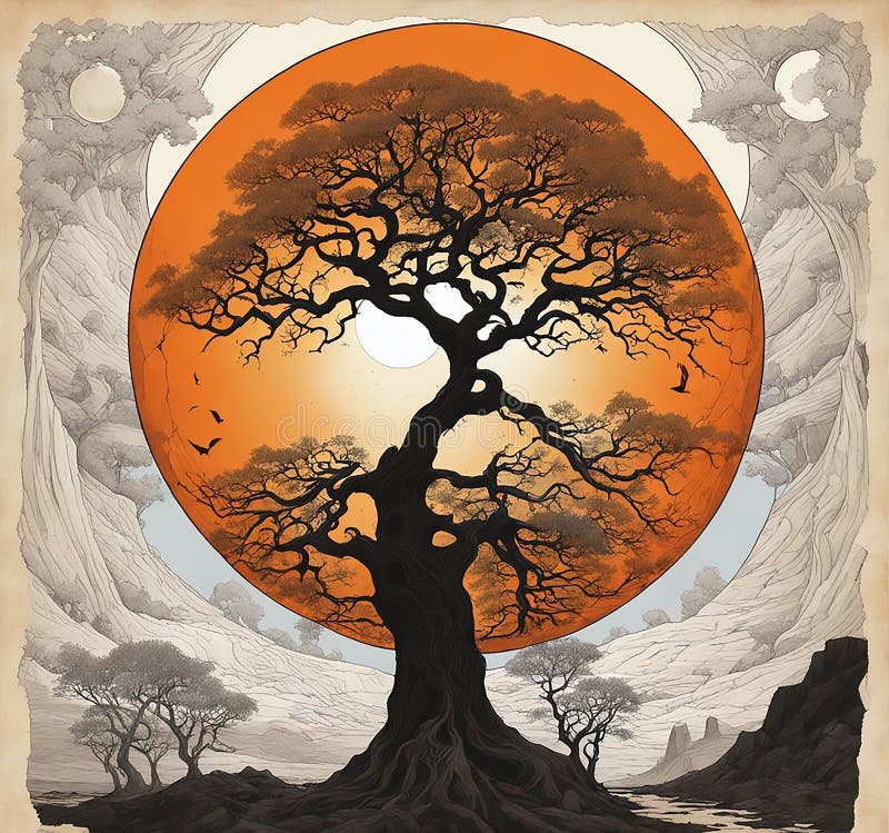 The Image Features a Stylized Image of a Tree Against a Large, Bright ...