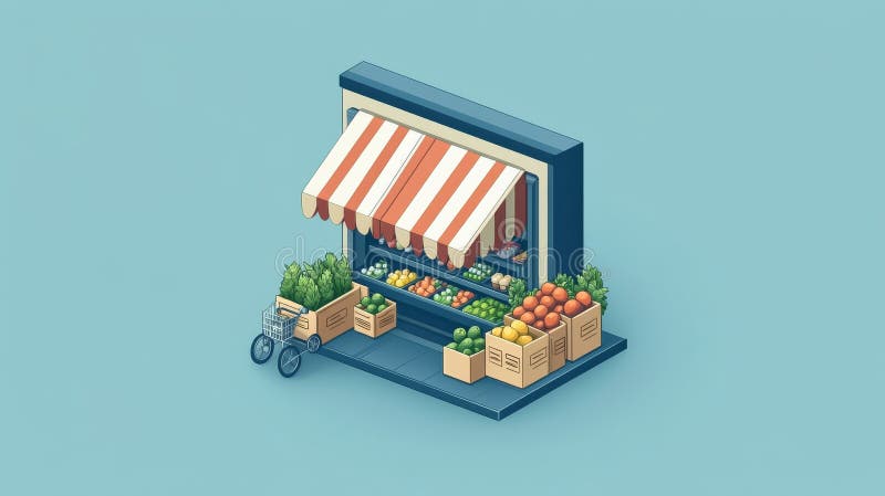 The Image Features a Stylized Market Stall Complete with a Striped ...