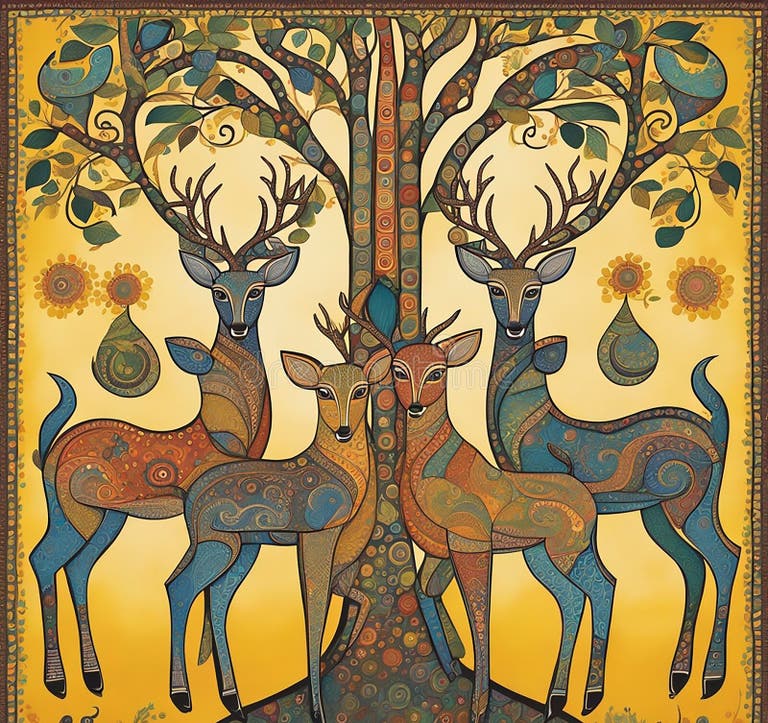 The Image Features a Stylized Two Deer and a Central Tree, Presented in ...