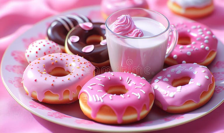 The Image Features Sweet Donuts Accompanied by a Raspberry Smoothie ...