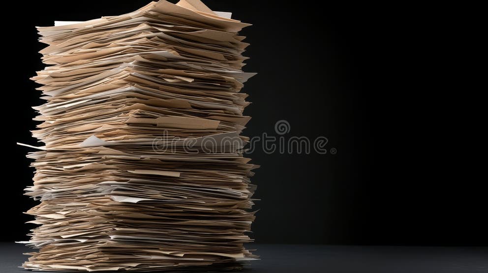 Tall Stack of Unorganized Paperwork on Dark Background Creating a ...
