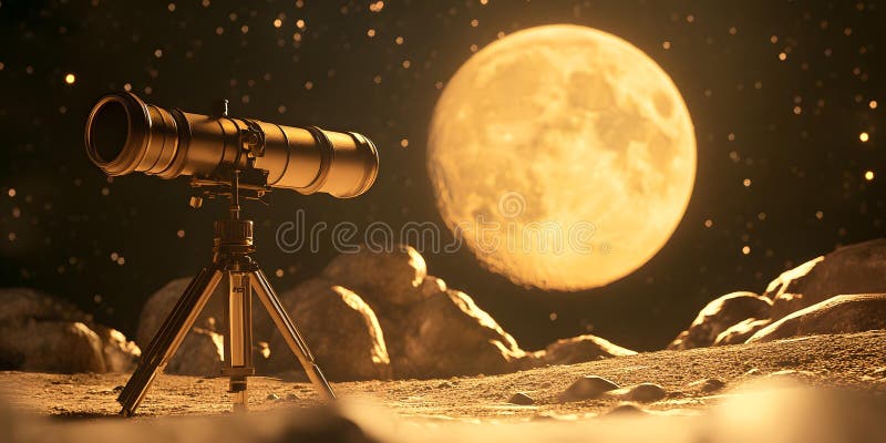 Telescope Viewing Full Moon Against Starry Sky Stock Illustration ...