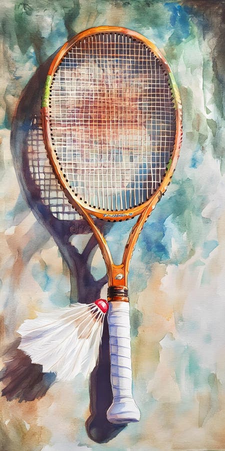Tennis Racket and Shuttlecock on Watercolor Background Stock ...