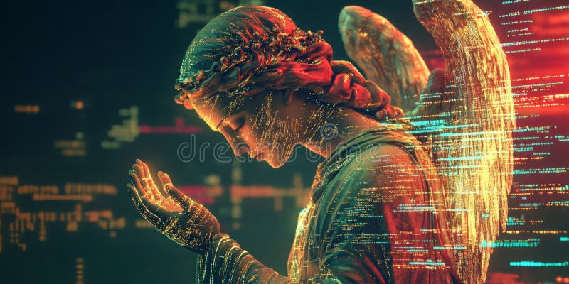 A Digital Angel Stands in Contemplation, Surrounded by Flowing Codes ...