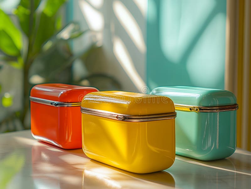 Vibrant Pill Boxes on a Sunlit Table with Tropical Shadows Stock ...