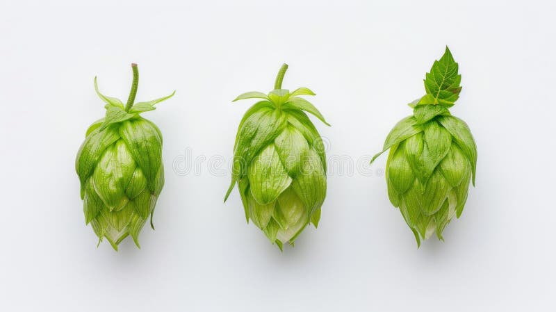 Three Fresh Green Hops Displayed on a Clean Surface. Each Hop Shows ...