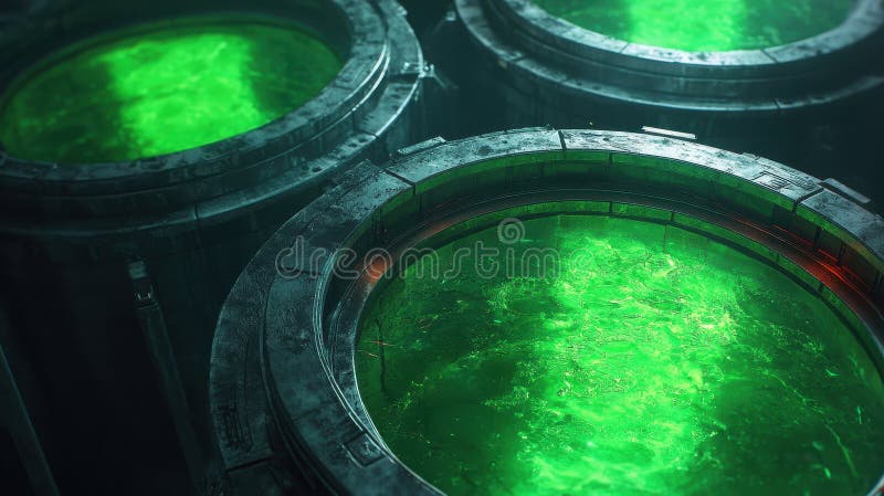 The Image Features Three Large Cylindrical Tanks with Glowing Green ...