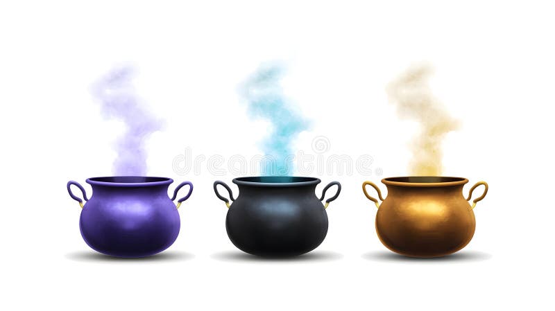 Set of Three Magical Cauldrons with Smoke Purple Black and Gold Stock ...