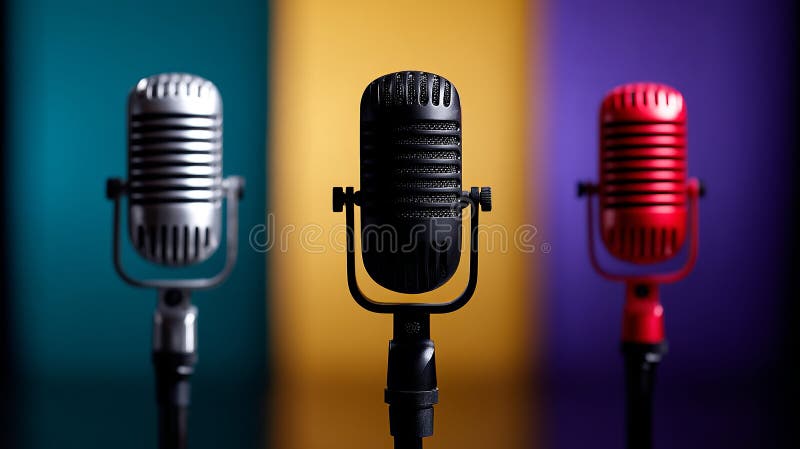 Three Colorful Microphones Stand in a Row Against Vibrant Backgrounds ...