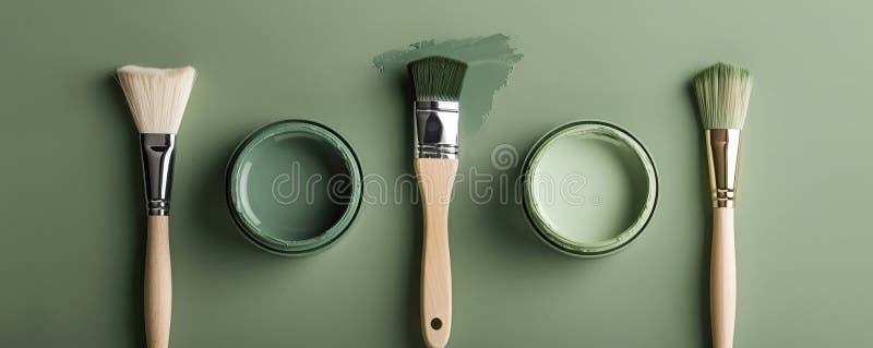 Three Paint Samples in Different Shades of Green with Paintbrushes on a ...