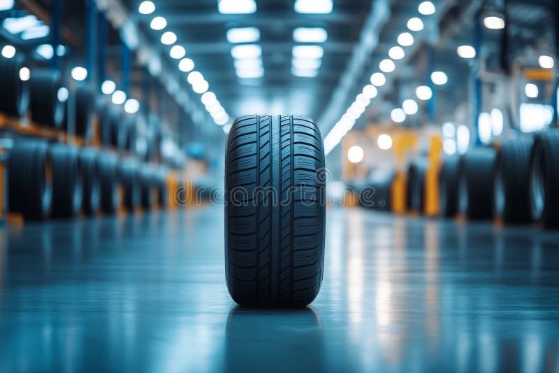 A Single Tire Stands in Focus in a Spacious Warehouse. the Bright ...