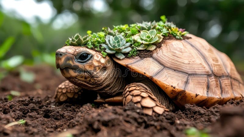 Tortoise with Succulent Plants on Its Shell. Stock Image - Image of ...