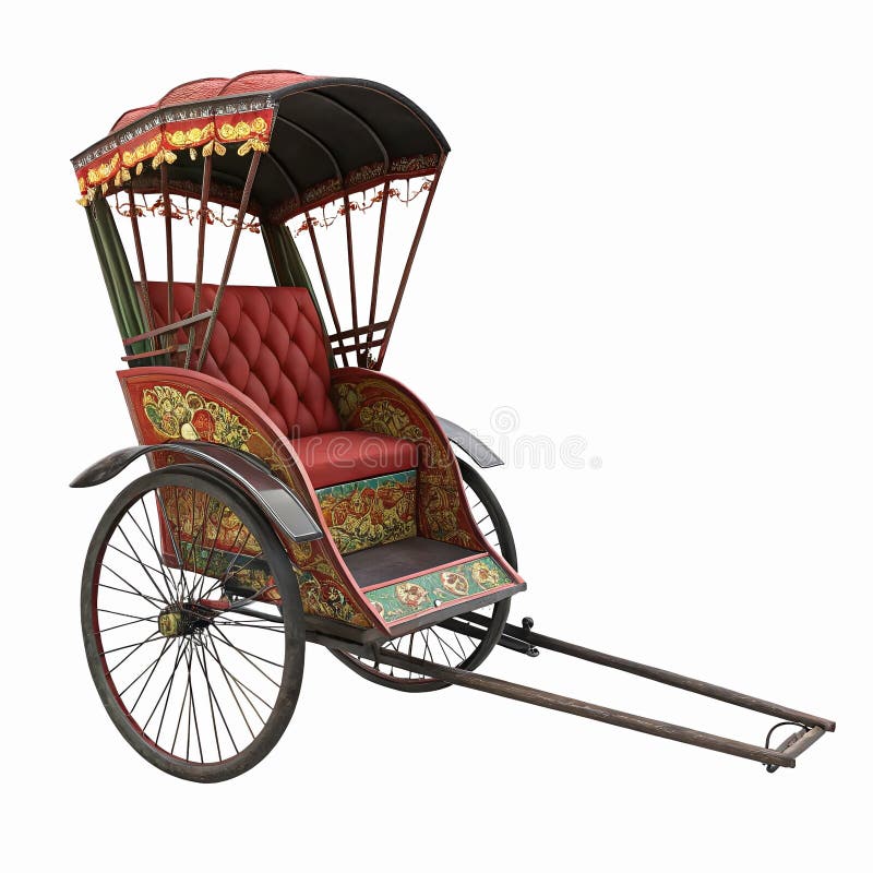 Traditional Hand-Pulled Rickshaw with Ornate Red Upholstery and ...