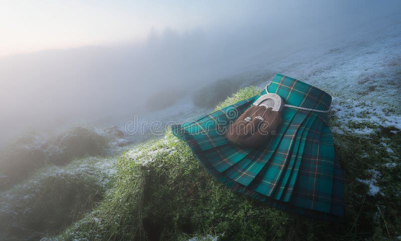 Vibrant Plaid Kilt Laying on Snowy Green Grass Field with Misty ...