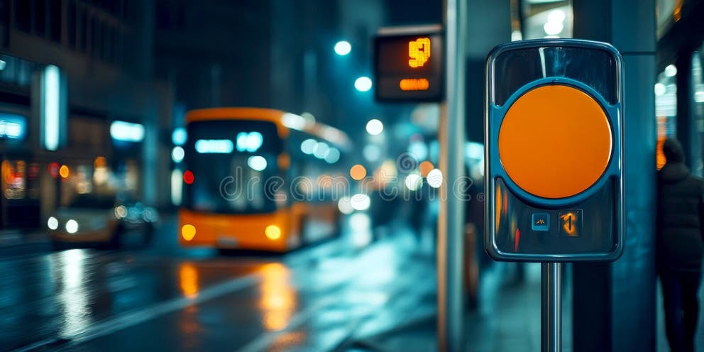A Close-up View of a Modern Traffic Signal Button at Night. the Vibrant ...