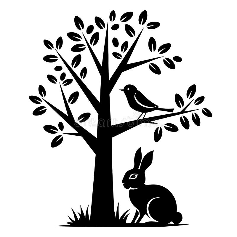 Silhouette Tree Bird and Rabbit Nature Vector Art Stock Photo ...