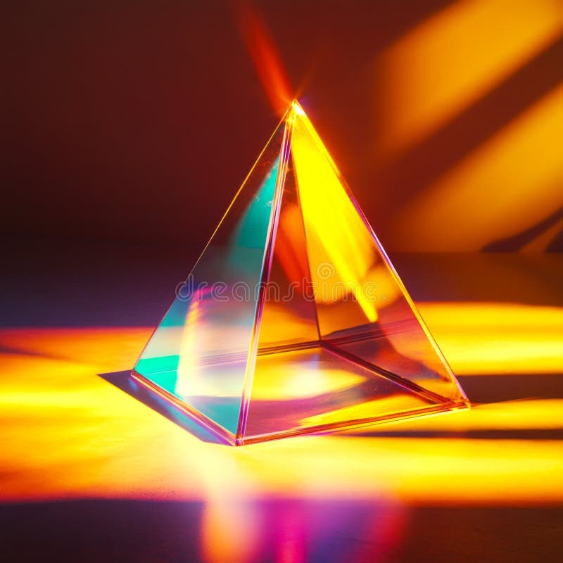 A Colorful Glass Pyramid Sits on a Surface Illuminated by Vibrant Light ...