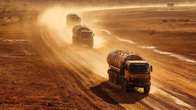 Dusty Trucks Drive Down a Rugged Road in a Remote Landscape. this Scene ...