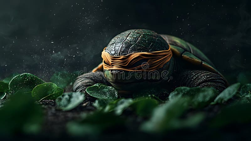 A Lively Ninja Turtle Crouches among Greenery, Ready for Adventure in a ...