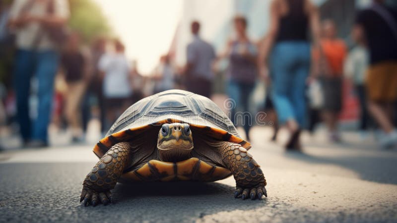 A Turtle on the Street with People Walking in the Background ...