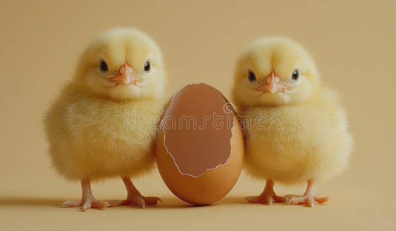 Two Fluffy Yellow Chicks Standing Next To a Cracked Egg on a Soft ...