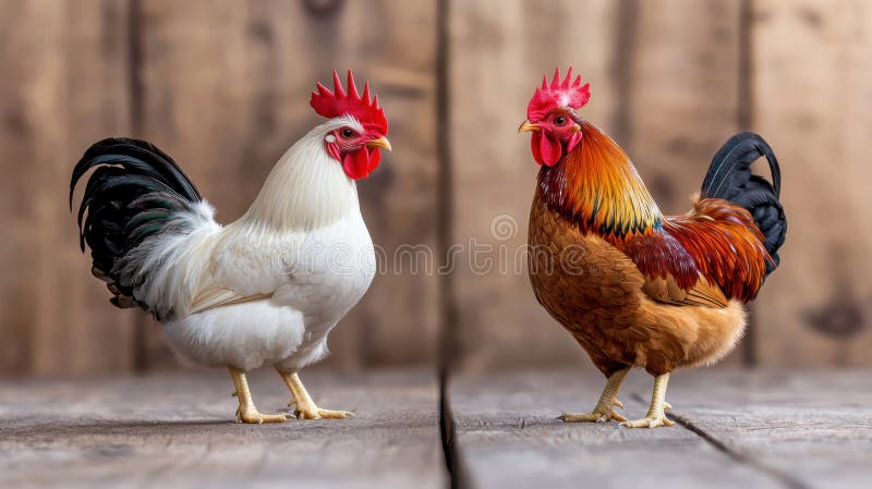 Roosters on a wooden table stock image. Image of black - 376518903